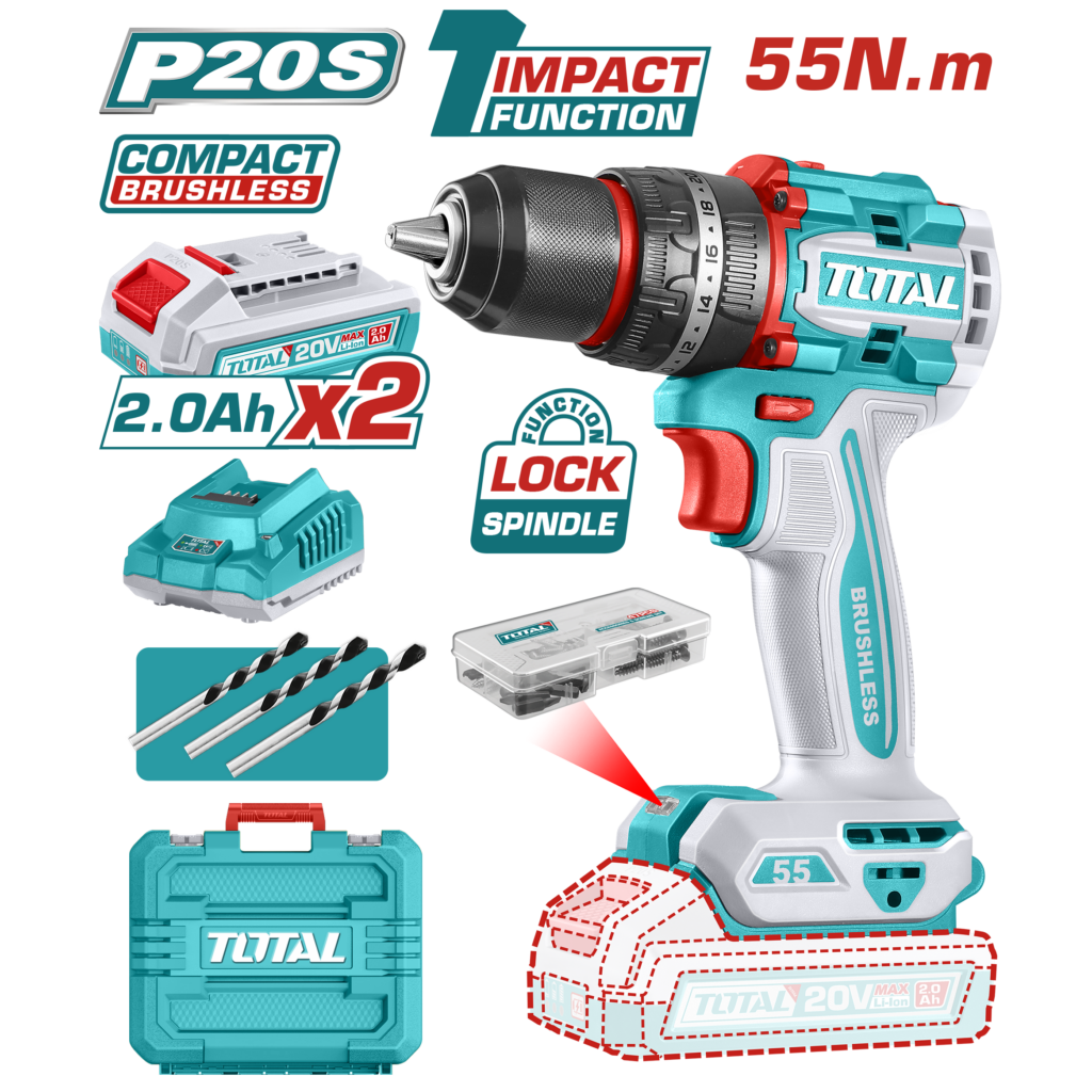 Compact Brushless Cordless Impact Drill 20V TIDLI20558 – TOTAL